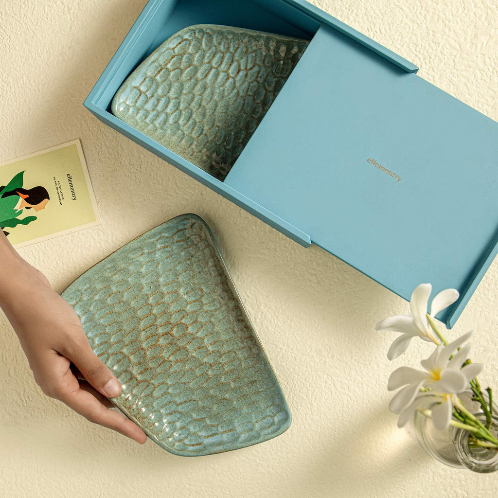 Feast Ceramic Platter Set of Two (Aqua Rustic) - Ellementry – ellementry